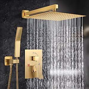 NERDON Shower System, 12 Inch Brushed Gold Shower Faucet Set with Rain Handheld, Wall Mounted Shower Faucet sets Complete for Bathroom Shower Fixtures Rough in Valve Body and Trim Kit