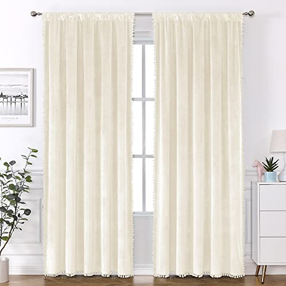 VANASEE Pompom Velvet Curtains for Bedroom Rod Pocket 52x84 inch Soft Blackout Window Curtains Room Darkening Drape Light Blocking for Living Room 2 Panels,Ivory