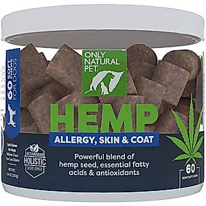 Only Natural Pet Allergy, Skin & Coat Hemp Soft Chews - Allergy Immune Bites for Dogs, Omega 3 Supplement, Hemp Oil - Calming Treats for Itchy Skin Relief, Hot Spot - (60 Count)