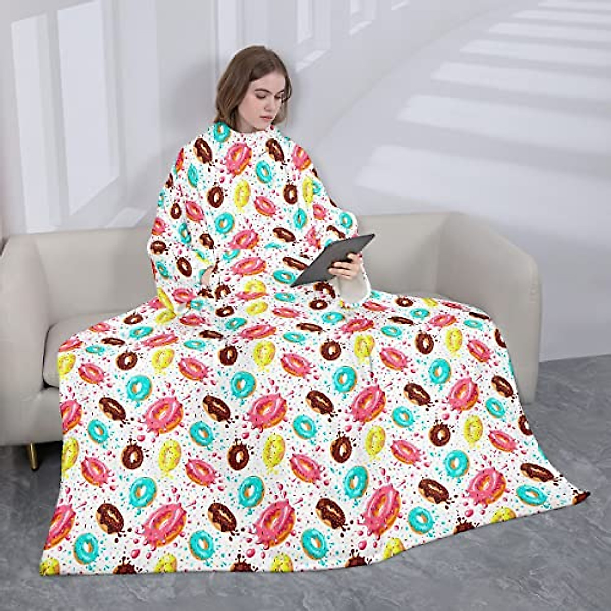 jejeloiu Chocolate Doughnut Fleece Blanket with Sleeves for Women,Whimsical Dessert Wearable Blanket Warm Cozy, Abstract Desserts Food Super Soft Sleeved Throw with Arm, 50"x70", Colorful