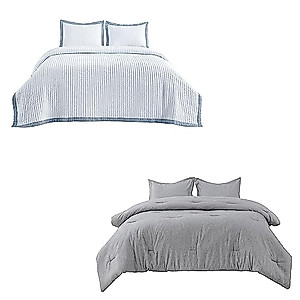 Bedsure White Quilt Queen Size and Queen Comforter Set Grey, Soft Quilt Bedding Set for All Seasons