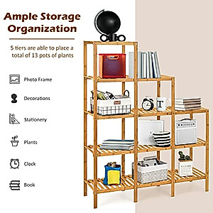 COSTWAY Bamboo Shelf Bathroom, Multifunctional 5-Tier Bamboo Plant Stand, Storage Organizer Rack, Plant Display Stand with Several Storage Cabinet