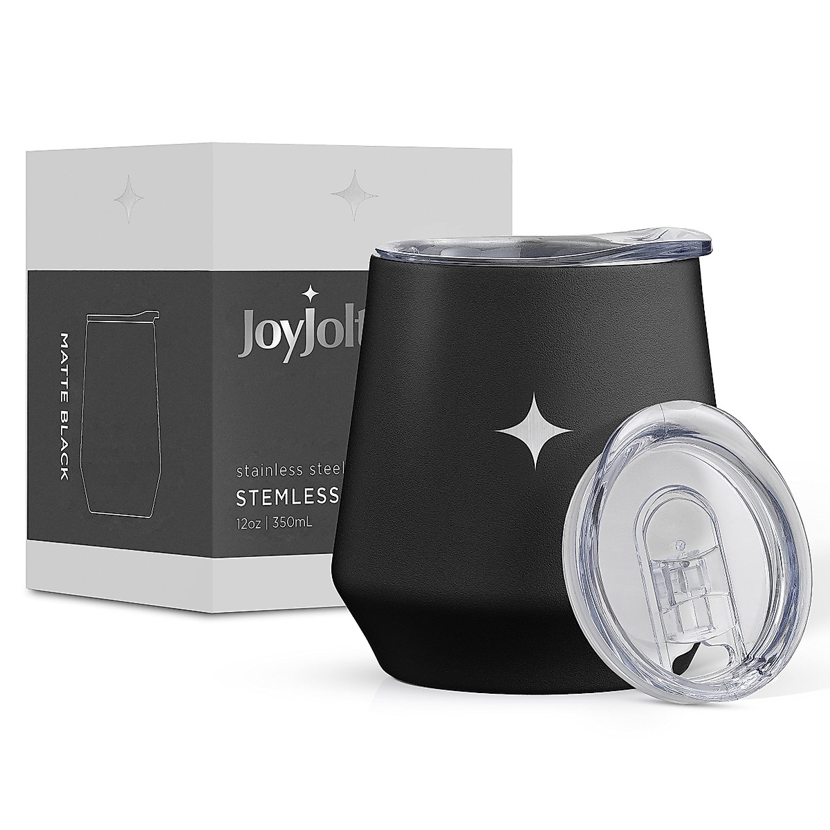 JoyJolt Tri-Insulated Wine Tumbler with Lid Pack. 12 oz Tumbler, Slider and Straw Lids. Vacuum Double Walled Stainless Steel Stemless Wine Glass, Copper Lined for Very Cold Drinks, Travel and Camping
