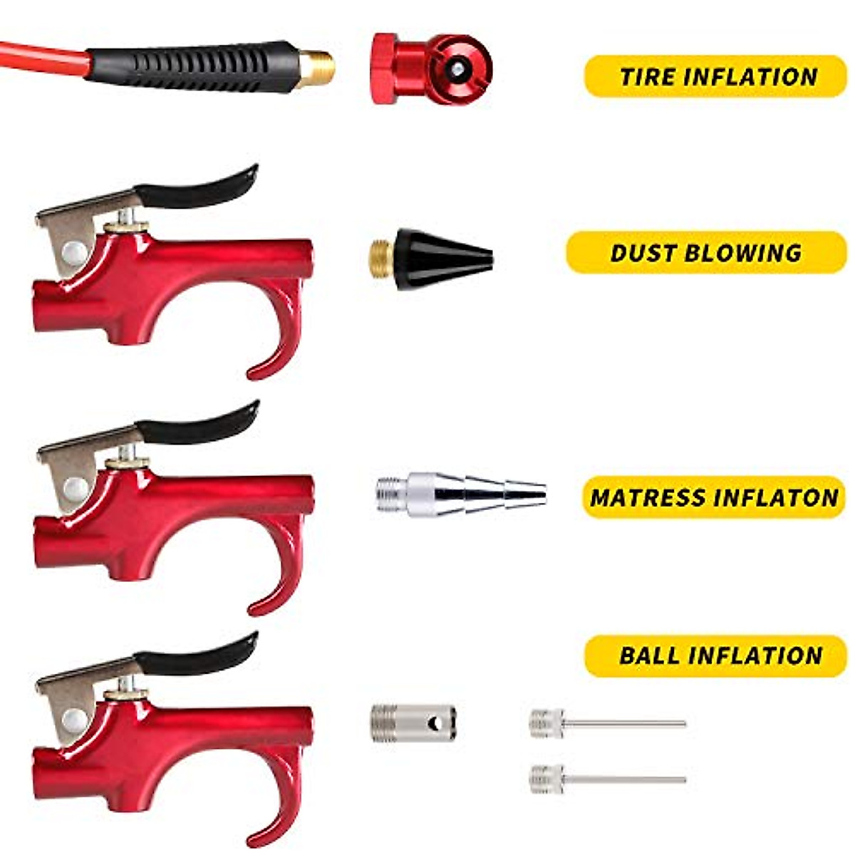Hromee 16 Pieces Air Compressor Accessory Kit with 1/4 Inch Recoil Poly Air Hose, Blow Gun and Fittings Inflation Kit with Needles, Ball Chuck and Tire Pressure Gauge