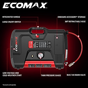 ECOMAX Portable Air Compressor, Wall-Mount Compressor with 30 Feet Air Hose, Mini Tank 125 PSI MAX Pressure & 1.5 HP, Oil-free Long Life Cycle for Shop, Garage and Home