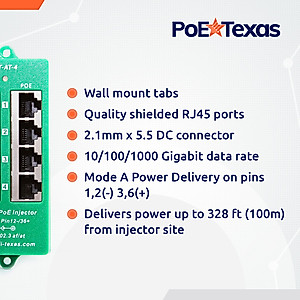 PoE Texas 4 Port PoE/PoE+ Injector with 48V 60W Power Supply - Gigabit Injector - Active Mode A Power Over Ethernet Multi Port PoE Adapter - Supports 4 PoE (802.3af or at) up to 60 watts