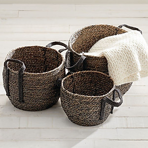 mDesign Round Braided Seagrass Woven Storage Basket with Jute Handles - Rope Weave Circle-Shaped Basket Bin for Shoe Storage in Entryway, Organizing Playroom Toys, and Laundry - Set of 3 - Black Wash