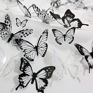 36 PCS 3D Colorful Crystal Butterfly Wall Stickers with Adhesive Art Decal Satin Paper Butterflies Baby Kids Bedroom Home DIY Decor Removable Sticker (Black and White)