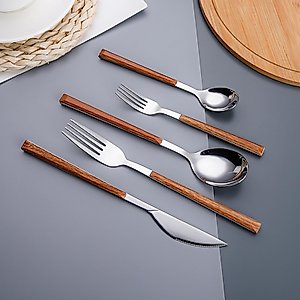 Wooden Silverware Set With Wood Grain Handle 30 Pcs Flatware Sets Service for 6 Stainless Steel Home Kitchen Wedding Restaurant Cutlery Utensils Set Forks Spoons and Knives Delicate Tableware