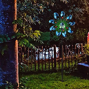 Glintoper Solar Wind Spinner, Outdoor Metal Stake Yard Spinners, Jewel Cup Garden Wind Catcher Windmill for Mom, Color Changing Glass Ball, Mothers Day Ideal Gifts, Dual Direction for Patio Lawn Yard