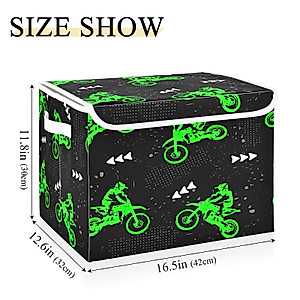 Krafig Green Motocross Foldable Storage Box Large Cube Organizer Bins Containers Baskets with Lids Handles for Closet Organization, Shelves, Clothes, Toys