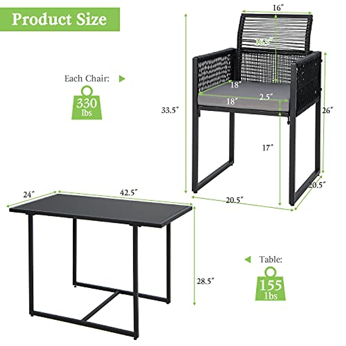 Tangkula 3 Pieces Outdoor Dining Set, Patio PE Rattan Furniture Set with Folding Backrest, Cozy Seat Cushions, Tempered Glass Tabletop, Space-Saving Rattan Chair Table Set for Backyard, Poolside
