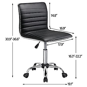Yaheetech Adjustable Task Chair PU Leather Low Back Ribbed Armless Swivel Black Desk Chair Office Chair Wheels