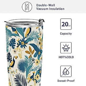 Tropical Style Leaves and Bird Pattern Yellow and Blue Stainless Steel cups with lids with Straw Lid coffee mug to go for outdoor safe insulated tumbler with lid 20 OZ