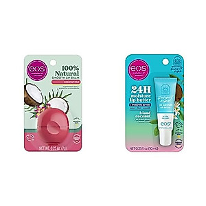 Bundle of eos 100% Coconut Milk Natural Lip Balm- + eos Sunset Sips Lip Butter Tube- Island Coconut: 24-Hour Moisture, Overnight Lip Mask, Lip Care Products