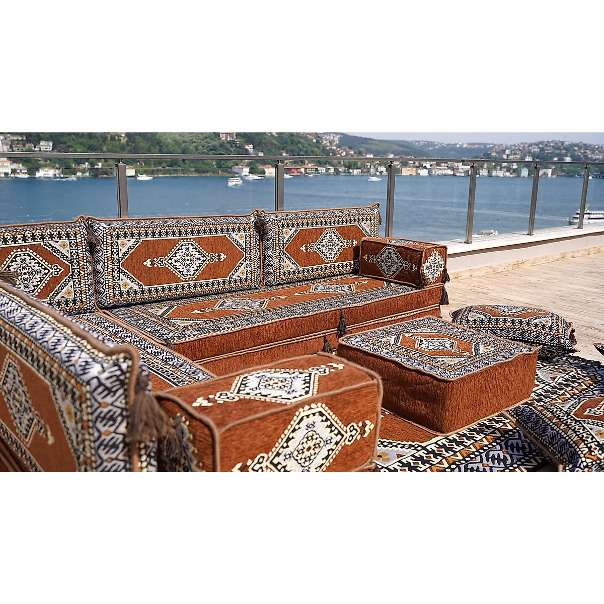 Brown Floor Cushions, Modern Arabic Majlis Set, Floor Sofa Set, Ethnic Sofa, Arabic Jalsa, Moroccan Sofa, Sectional Sofa with Ottoman, Sleeper Sofa (L Sofa + Rug + Poufs)
