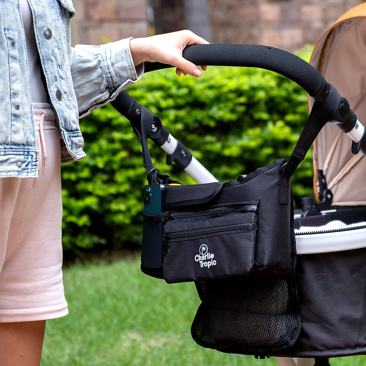 Charlie Tropic Universal Stroller Organizer with Cup Holder - Adjustable Stroller Bag Organizer with 2 Insulated Cup Holders and Detachable Wristlet Pocket for Stroller Accessories,Fits Most Strollers