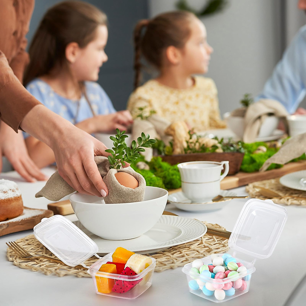 Hushee 500 Pack 2oz Plastic Disposable Portion Cups with Hinged Lids Disposable Sauce Containers with Lids Disposable Food Storage with Lids Disposable Souffle Cups for Lunch Party Trips