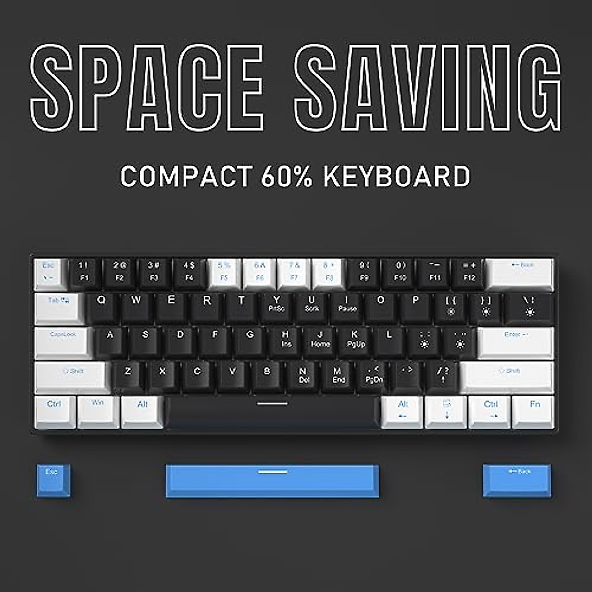 60% Mechanical Gaming Keyboard,White Black Blue Keycaps Gaming Keyboard with Linear Red Switch, Detachable Type-C Cable Mini Keyboard with Blue LED Light for Windows/Mac/PC/Laptop