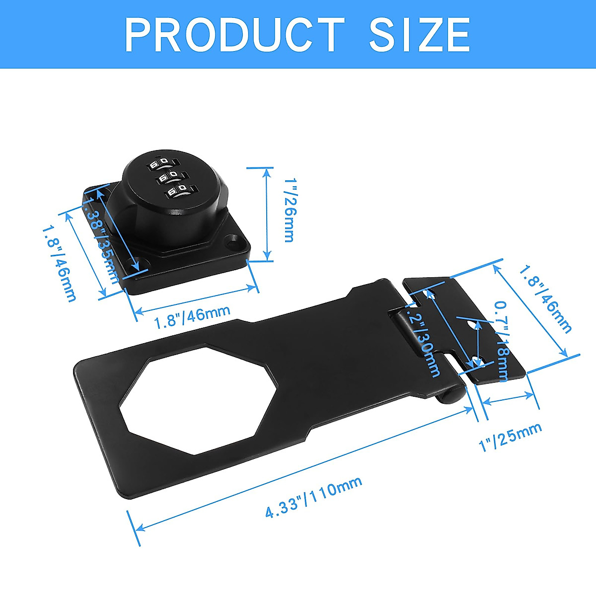 Suiwotin 1pc Hasp Lock Latch with Password Lock, Cabinet Hasp Latch Lock, Metal Security Lock Hasp for Small Door, Cabinet Door, Closet Door (Black)