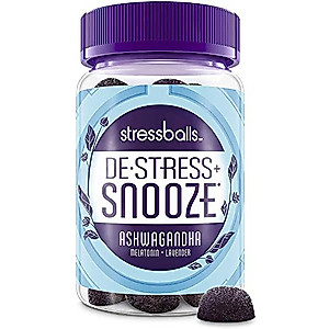 Stressballs, De-Stress + Snooze*, with Melatonin and Ashwagandha to Aid in Sleep and Stress Relief*, Chamomile & Lavender Herbal Blend, Non-Habit Forming Supplement, 46 Gummies