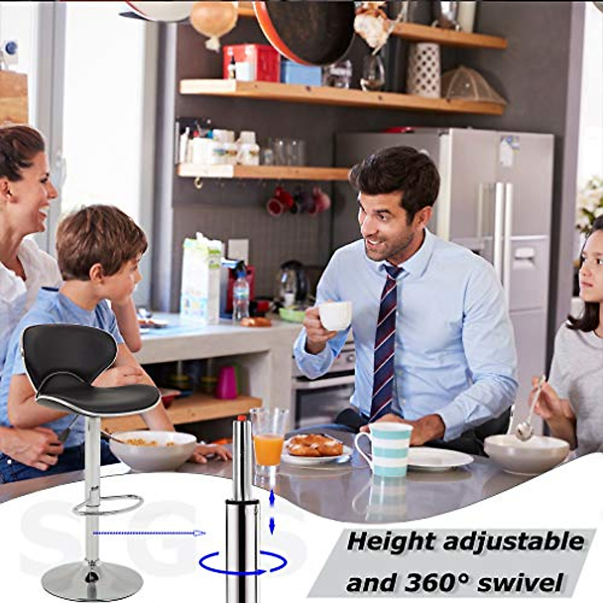 Set of 2 Bar Stools, Counter Height Adjustable Bar Chairs with Back Barstools PU Leather Swivel Bar Stool Kitchen Counter Stools Dining Chairs (Black)