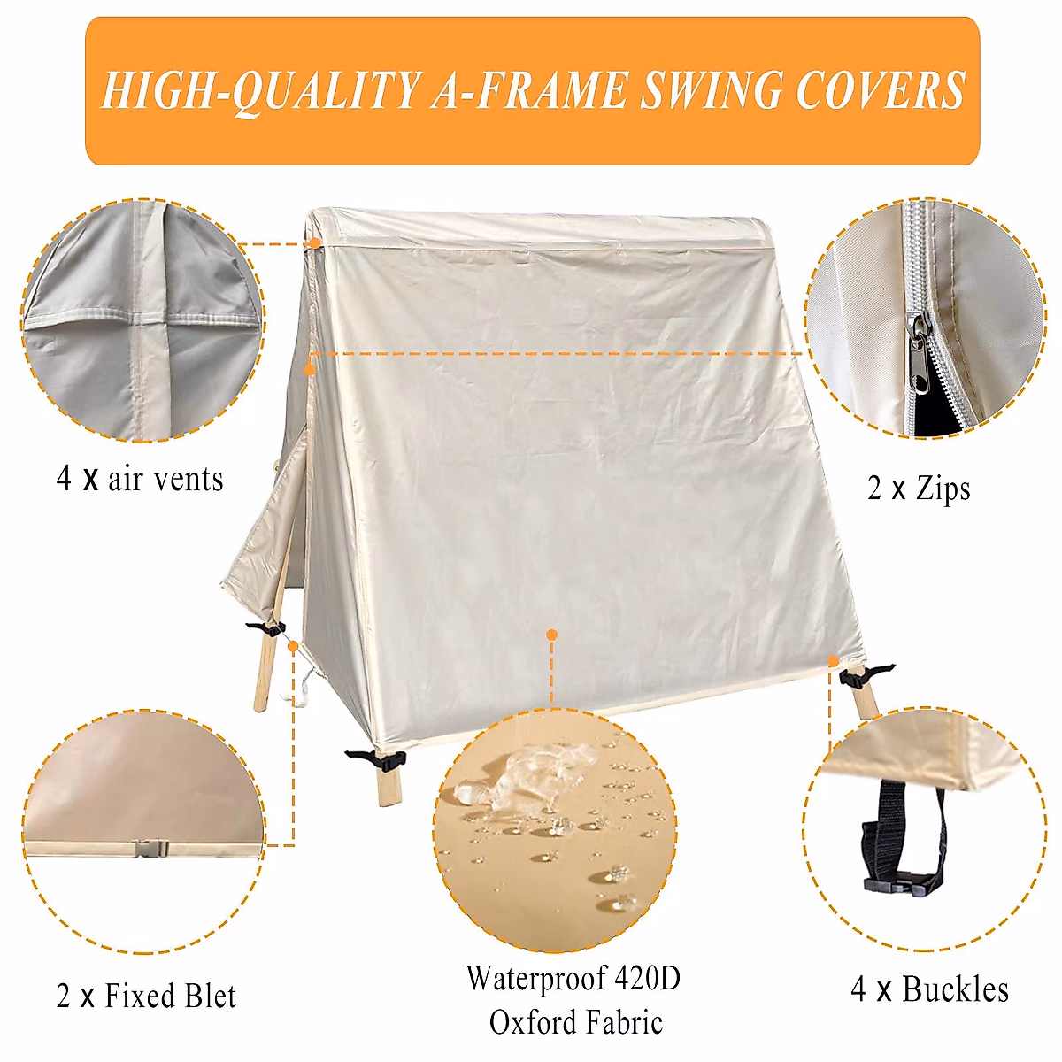 Patio Swing Cover A-Frame Swing Covers Waterproof 3 Seat UV Resistant Weather Protector for Outdoor Courtyard Patio Furniture 72x67x55 Inch Beige