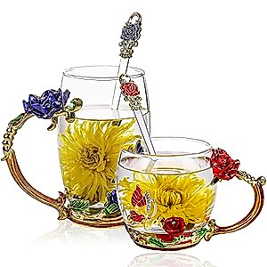 Tea Cup Glass Coffee Mugs (12 oz), Pack of 2 Fancy Tea Cups, Clear Glass Cups with Spoon Set, Mother's Day Gifts, Handmade Butterfly, Rose Flower Enamel Design, Birthday Decoration Wedding Gift Ideas