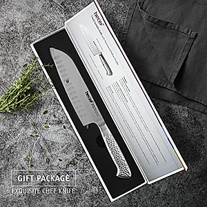 hecef 7 inch Santoku knife High Carbon Stainless Steel Japanese Chef Knife with Hammered Hollow Handle, Ultra Sharp Asian Chopping Kitchen Knife for Meat & Fish & Vegetable & Fruit