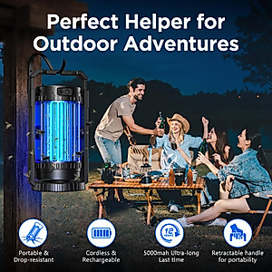 Solar Bug Zapper Outdoor Indoor, Mosquito Zapper with Large-Capacity 5000mAh Battery, 4 in 1 Insect Fly Zapper with Spotlights, Rechargeable & Cordless for Camping, Fishing, Patio, Home Black