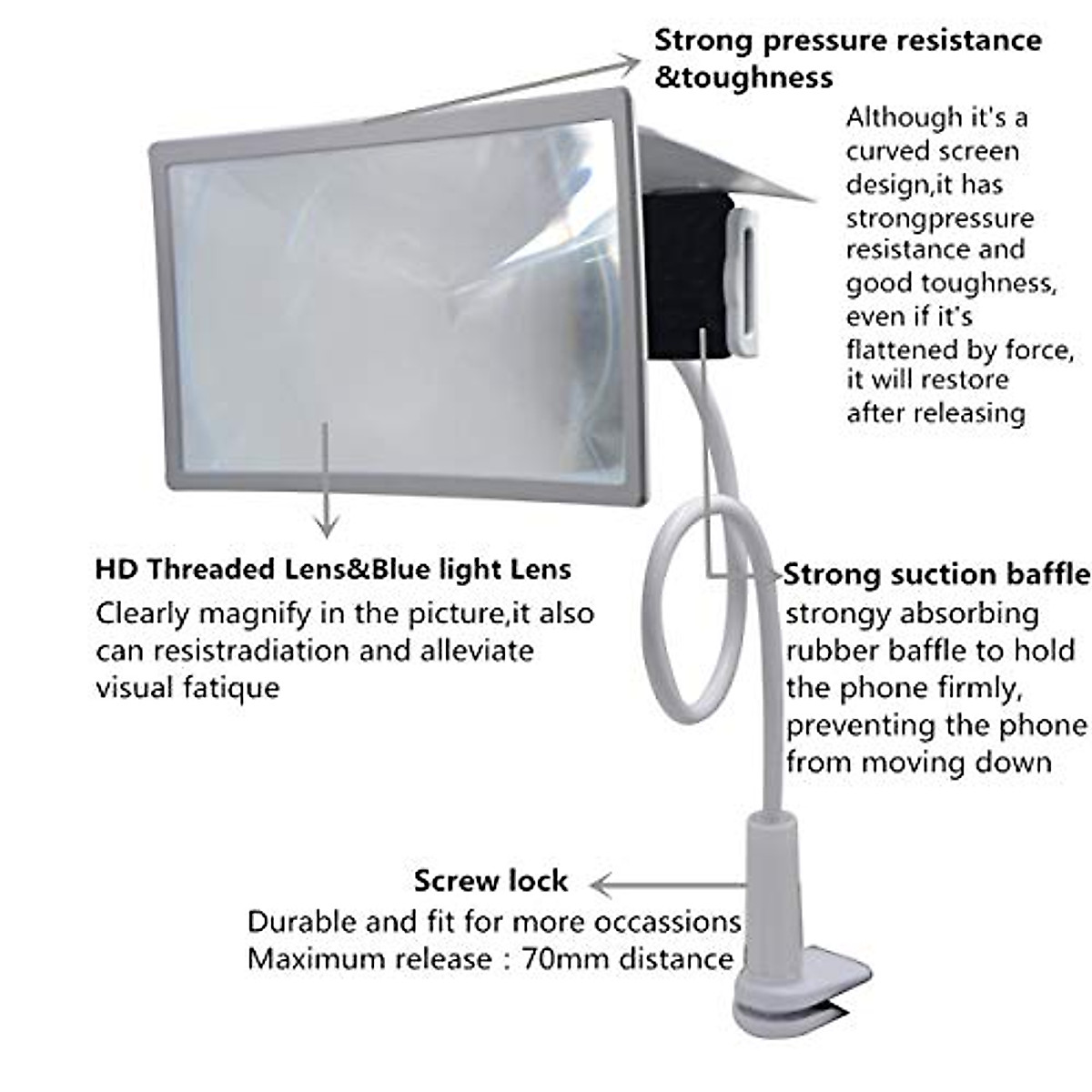 12'' Phone Screen Magnifier,Phone Screen Amplifier Enlarger for Movies, Videos, and Gaming Compatible with All Smartphones(White)