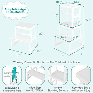 HONEY JOY Kids Kitchen Step Stool with Safety Rail, Wooden Montessori Kitchen Helper Standing Tower for Counter Bathroom Sink, Non-Slip Mat, Children Learning Stepping Stool for Toddlers 18+ Month