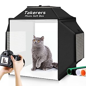 Takerers 16"x16" Photo Studio Light Box Photography, 480 LED Product Lightbox with 3 5500K Stepless Dimming Light Panels, Professional Photo Background Shooting Tent with 4 Color Backdrops