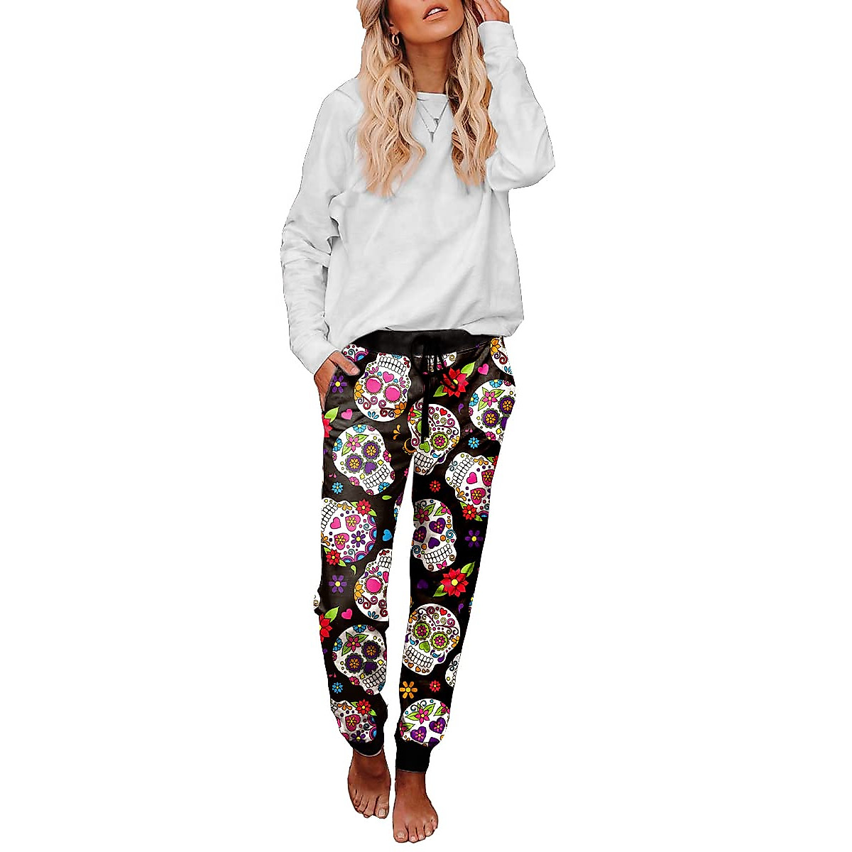 Women Halloween Sugar Skull Pajama Pants Day of The Dead Long Cotton Ankle Drawstring Joggers S