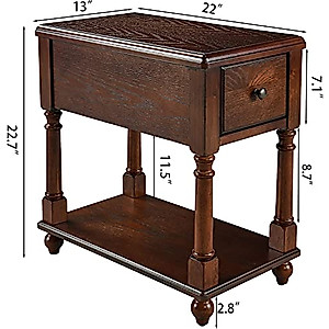 JESONVID Narrow Open End Table with Drawer, Solid Wood Side Table 2-Tier Skinny Table with Storage Shelves Slim Nightstand Small Sofa End Table for Living Room Bedroom-Cherry Walnut 004DWA
