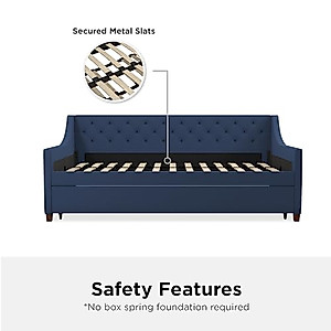 Novogratz Her Majesty Upholstered Daybed with Trundle, Twin Size Frame, Blue Linen