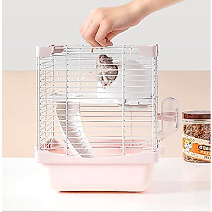Misyue Dwarf Hamster Travel Portable Carrier Cage 2-Floors Syrian Hamster Home House Rodent Habitat Cage for Dwarf Hamster,Ferrets, Gerbil(Light Pink)