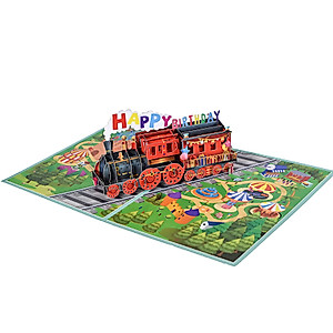 GREETING ART Happy Birthday Train Pop Up Card,3D Greeting Card for Birthday, Pop Up Birthday Card for Kids Boys Men Grandson Friends Daughter Son (Train Birthday Card)