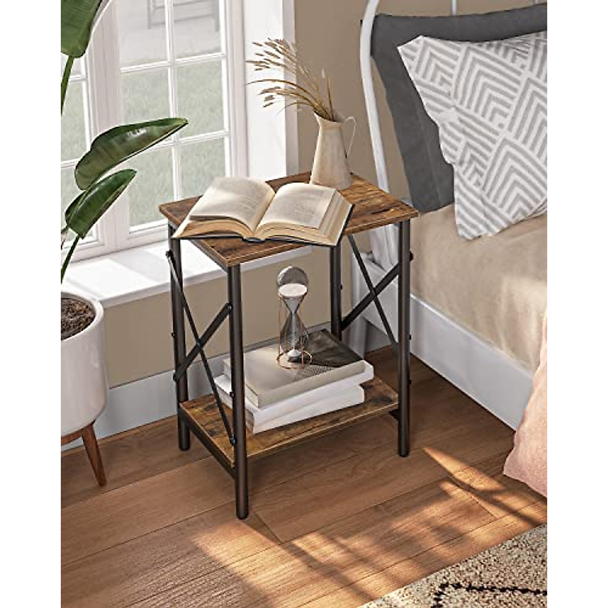 ALLOSWELL Small Side Table, End Table with Storage Shelf, 14.6 x 10.6 x 19.9 Inches, Nightstand X-Shaped Design, Bedside Table, Steel Frame, Living Room, Bedroom, Easy Assembly, Rustic Brown ETHR2801