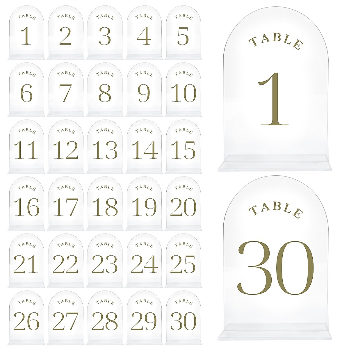 Table Numbers for Wedding Reception - Transparent Acrylic with Gold Writing, (Set of 1-30) Elegant Table Number Holders