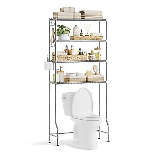 SONGMICS 4 Tier Over The Toilet Storage, Metal Storage Rack, Adjustable Shelves, 4 Hooks, Roll Holder, Space-Saving Bathroom Storage Shelf Organizer, 11.8 x 32.7 x 69.3 Inches, Silver Gray UBTS023G01