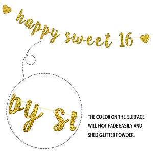 Happy Sweet 16 Banner, 16 and Fabulous, Cheer to 16 Years, Gold Glitter Happy 16th Birthday Party Decorations Supplies