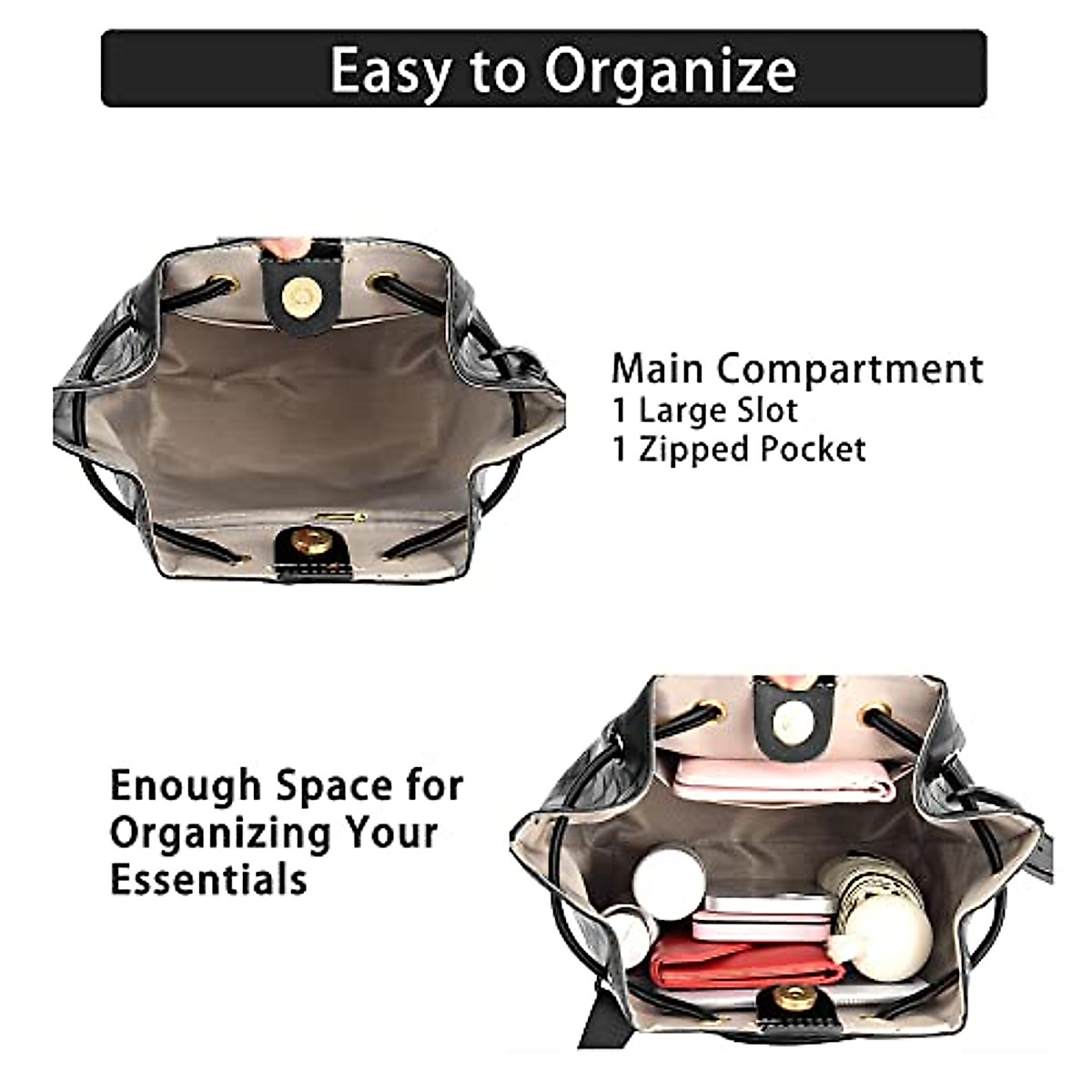 NZ SIXVONA Small Backpack for Women, Drawstring Mini Backpack Faux Leather Flap Checkered Backpack Purse for Women-Black