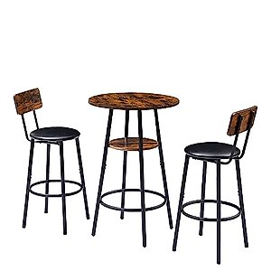 Tensun Bistro Table and Chairs Set of 2, Pub High Top Round Table and Chairs Set with Upholstered Cushion, Storage Shelf and Backrest, 3-Piece Bar Stool Set for Breakfast Nook, Rustic Brown