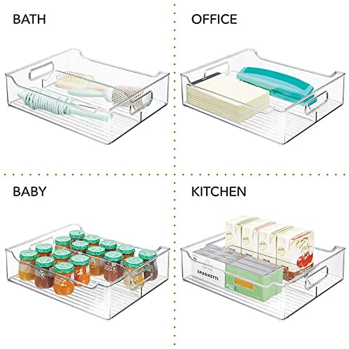 mDesign Wide Plastic Kitchen Pantry Cabinet, Refrigerator, Freezer Food Storage Bin with Handles - Divided Organizer for Fruit, Yogurt, Snacks, Pasta - BPA Free, 14.5" Long, 2 Pack - Clear