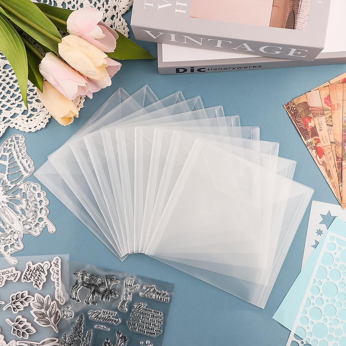 Briartw 50 PACK Storage Envelopes,Clear 7x9.4" Resealable Plastic Envelopes Pockets for Cutting Dies Stencil Crafts Organizer Holder,Storage Bag for Clear Stamp,Die Cuts,scrapbook Paper,Photos
