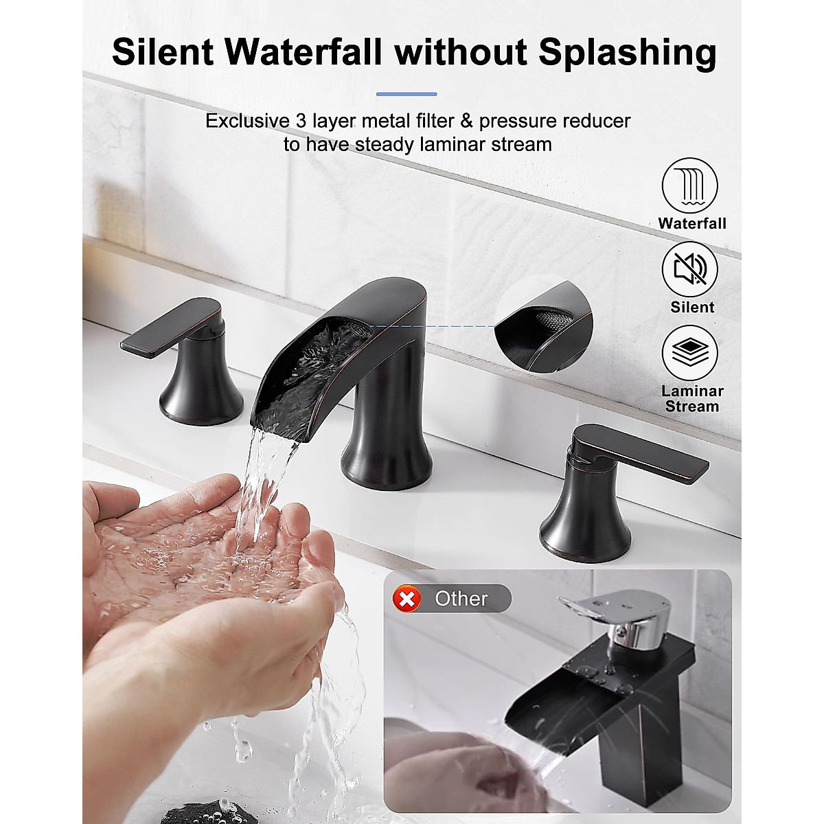 HOIGY Waterfall Faucet Brass Bathroom Sink Faucet 3 Hole, Oil Rubbed Bronze Faucet for Bathroom Sink 2 Handle, Widespread 8 Inch Vanity Faucet Farmhouse Bathroom Faucets with Pop Up Drain Water Hose