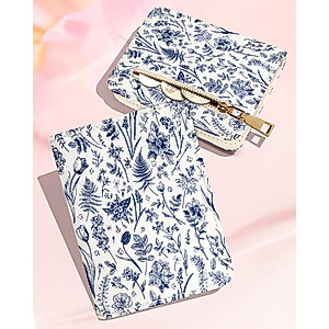 Bistup Credit Card Holder Wallet for Women - Cute Leather Ladies Teen Girls Female Cardholder Wallets Accordion Purse Small Medium Aesthetic Print Blue Floral Unique Modern Rfid Zipper Around