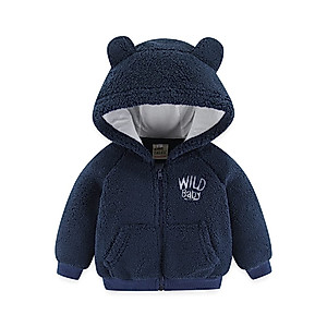 Newborn Infant Baby Boys Girls Cartoon Fleece Hooded Jacket Coat with Ears Warm Outwear Coat Zipper Up (0-3M, Navy Blue)