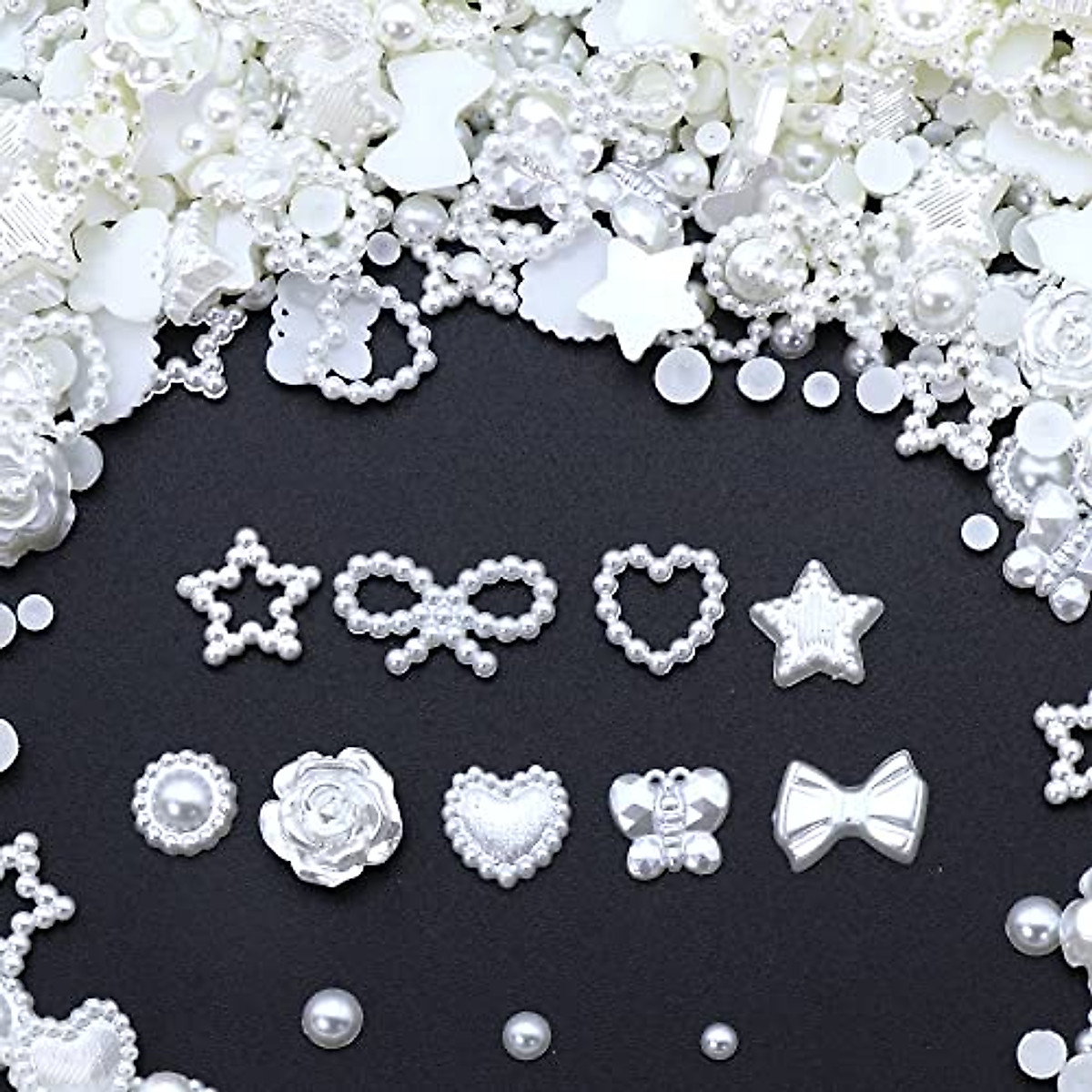 RODAKY 500Pcs Creamy-White Pearls Heart Nail Charms Cute Assorted Flatback 3D Pearls Stars Flowers Bowknots Nail Art Charms Material Embellishments for Nail Art DIY Crafts Accessories